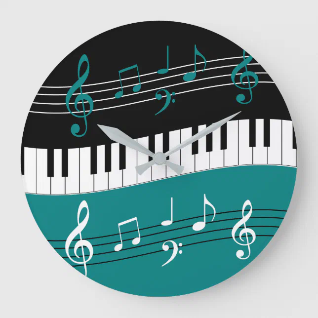 Stylish Teal Black White Piano Keys and Notes Large Clock | Zazzle