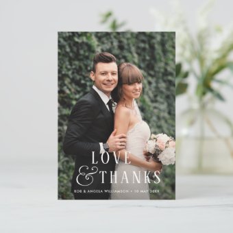 Stylish text bride & groom photo overlay wedding thank you card | Zazzle
