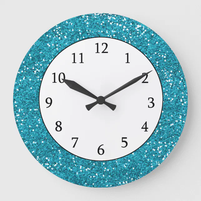 Stylish Turquoise Blue Glitter Large Clock | Zazzle
