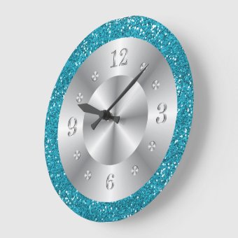 Stylish Turquoise Blue Glitter Silver Numbers Large Clock | Zazzle