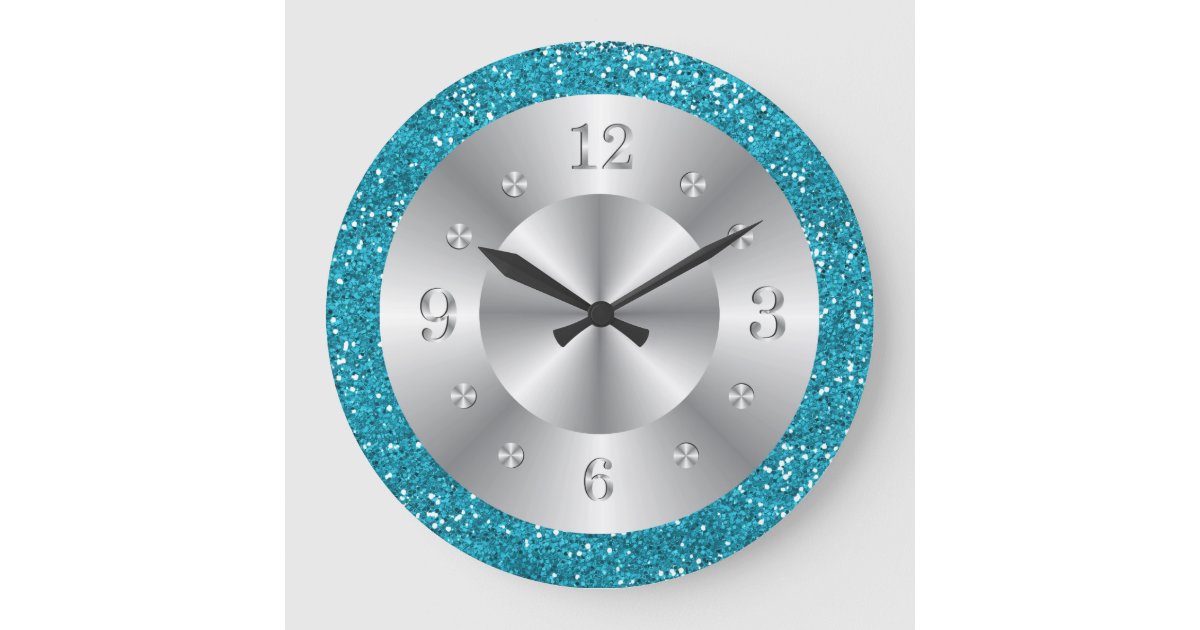 Stylish Turquoise Blue Glitter Silver Numbers Large Clock | Zazzle