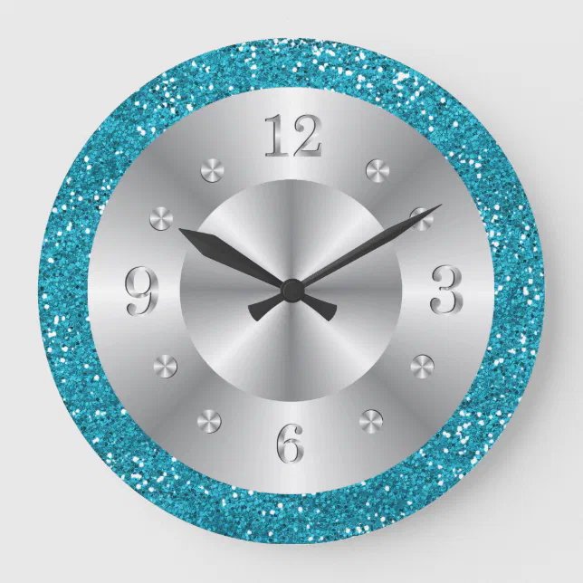 Stylish Turquoise Blue Glitter Silver Numbers Large Clock | Zazzle