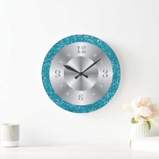 Stylish Turquoise Blue Glitter Silver Numbers Large Clock | Zazzle