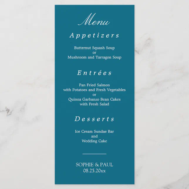 Stylish Turquoise Blue Wedding Menu | Zazzle