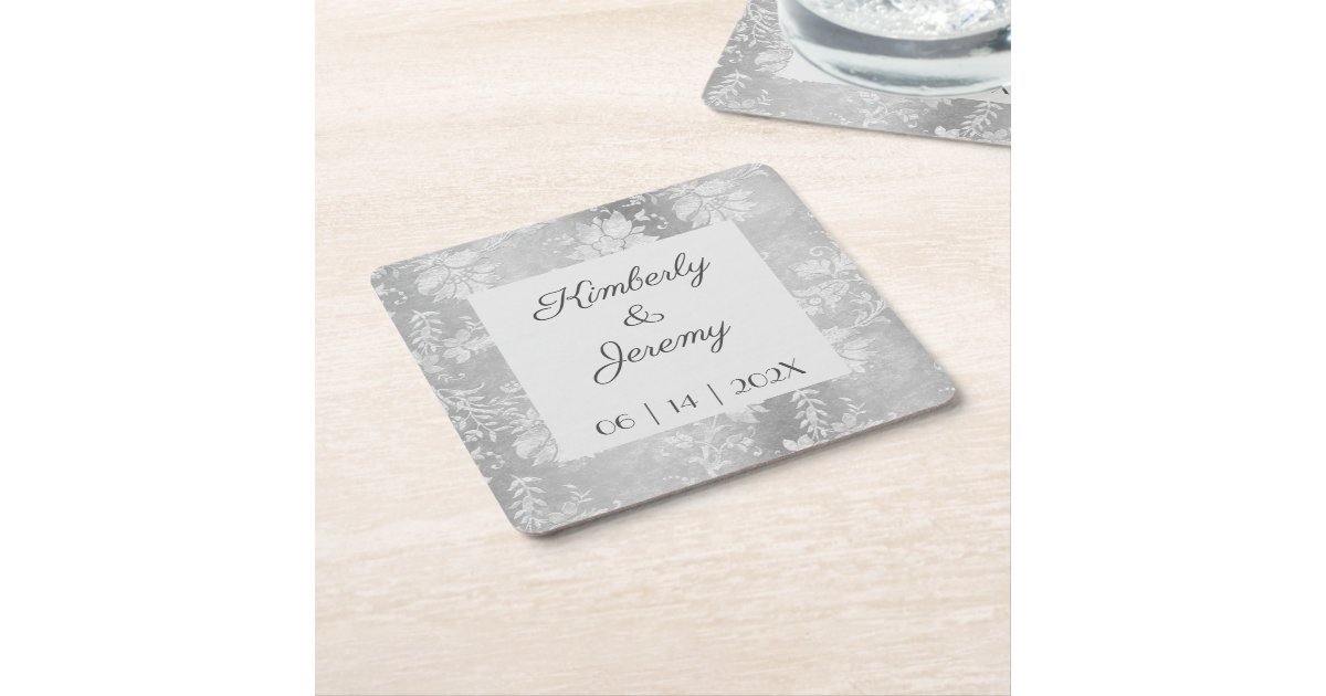 Stylish Vintage Pewter Wedding Square Paper Coaster | Zazzle