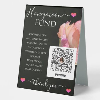 Stylish Wedding Reception Venmo Honeymoon Fund Table Tent Sign | Zazzle