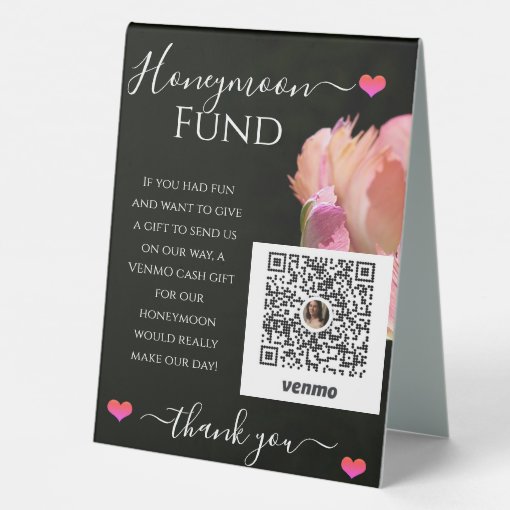 Stylish Wedding Reception Venmo Honeymoon Fund Table Tent Sign | Zazzle