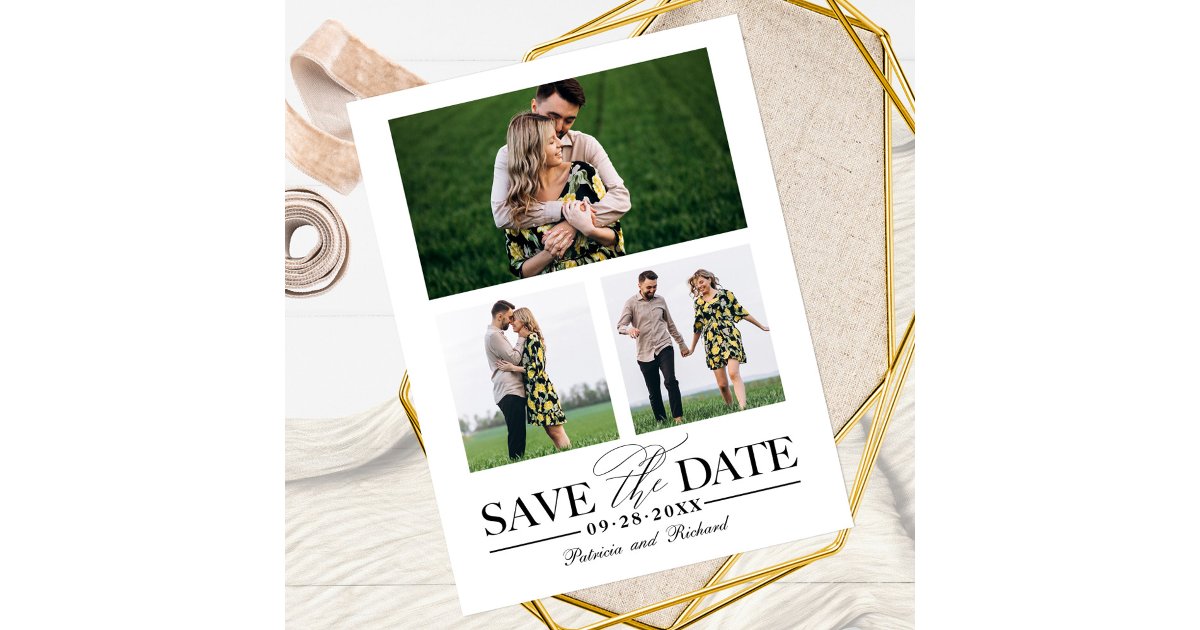 Stylish Wedding Save The Date 3 Photo Collage Postcard | Zazzle