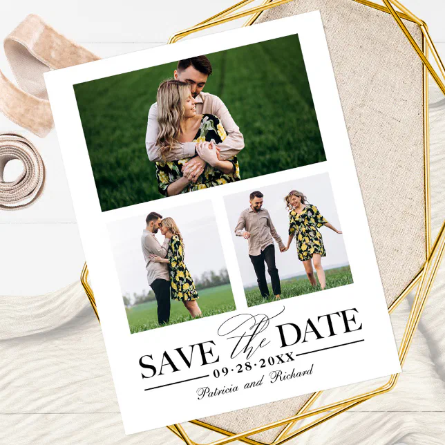 Stylish Wedding Save The Date 3 Photo Collage Postcard | Zazzle