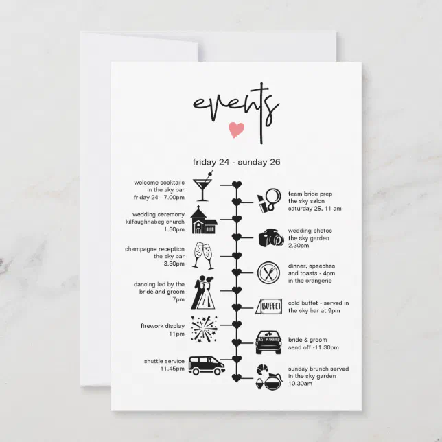 Stylish Wedding Timeline Guest Itinerary Info Advice Card | Zazzle