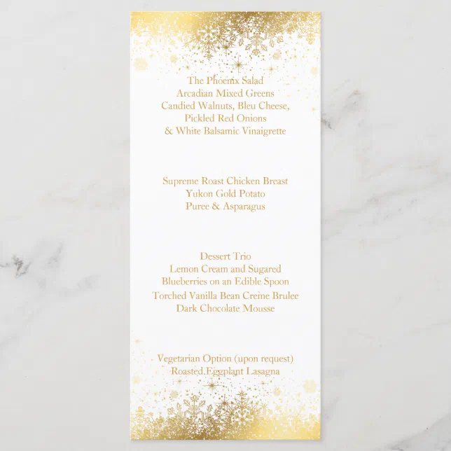 Stylish White and Gold Snowflakes - Menu | Zazzle