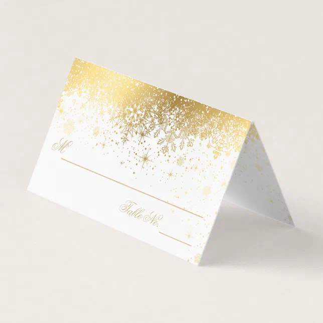 Stylish White and Gold Snowflakes| Place Cards | Zazzle