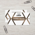 Stylish White Geometric Brown Shimmer with Logo Business Card | Zazzle