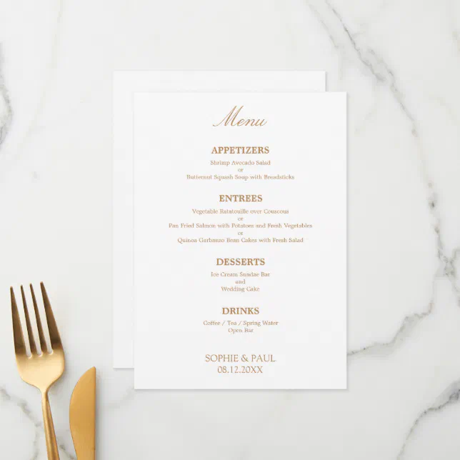 Stylish White Golden Beige Wedding Menu | Zazzle