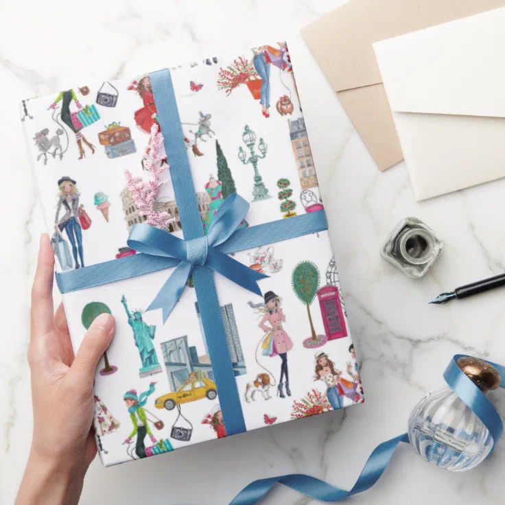 Stylish White & Multi colour Shopping girls Wrapping Paper | Zazzle