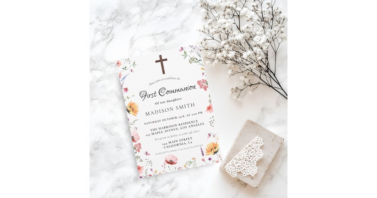 Stylish Wildflower Garden First Holy Communion Invitation | Zazzle