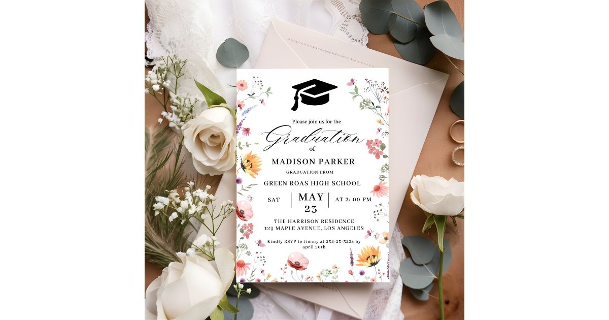 Stylish Wildflower Meadow Garden Graduation Invitation | Zazzle