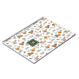 Stylish Woodland Animals Forest Greenery Monogram Notebook | Zazzle