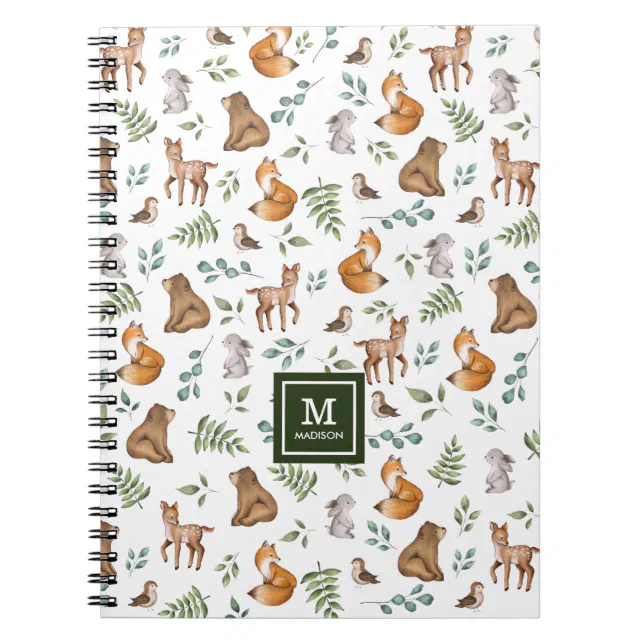 Stylish Woodland Animals Forest Greenery Monogram Notebook | Zazzle