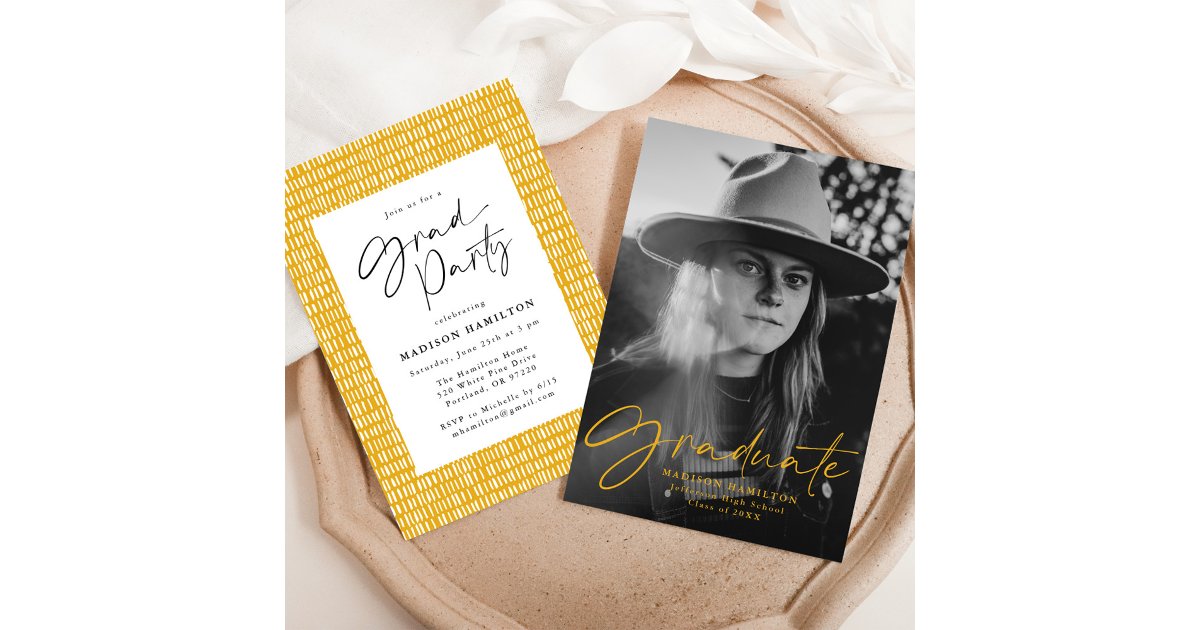 Stylish Yellow Script Photo Graduation Party Invitation | Zazzle