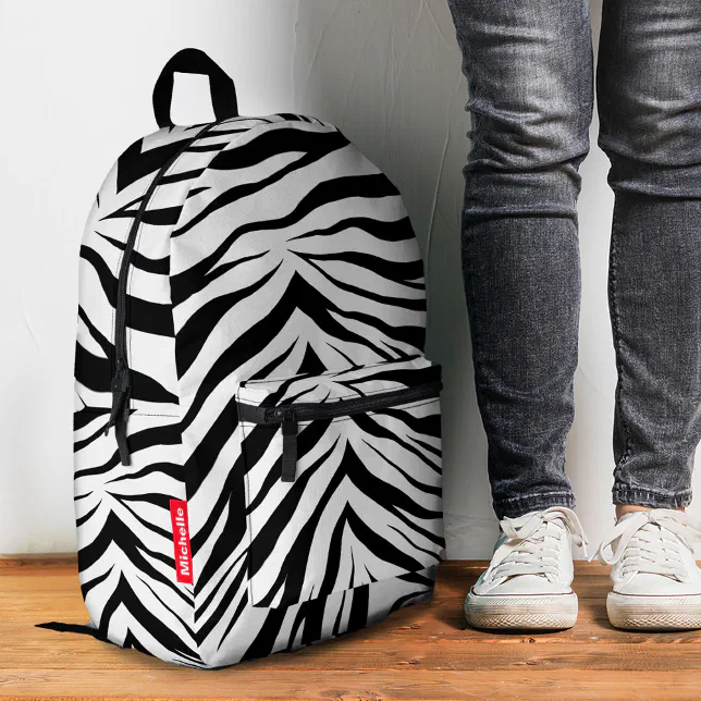 Stylish Zebra Stripes Black White Name Printed Backpack | Zazzle