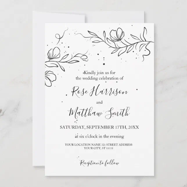 Stylized flowering branch and drops of ink Wedding Invitation | Zazzle