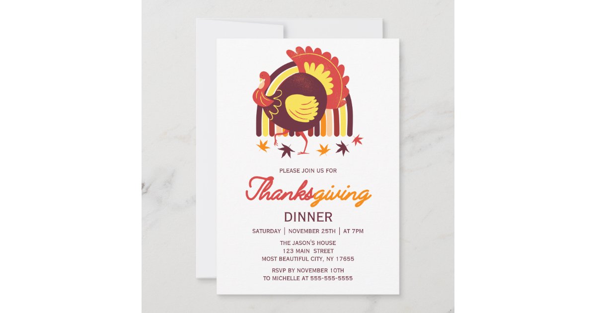 Stylized Turkey Groovy Rainbow Thanksgiving Dinner Invitation | Zazzle