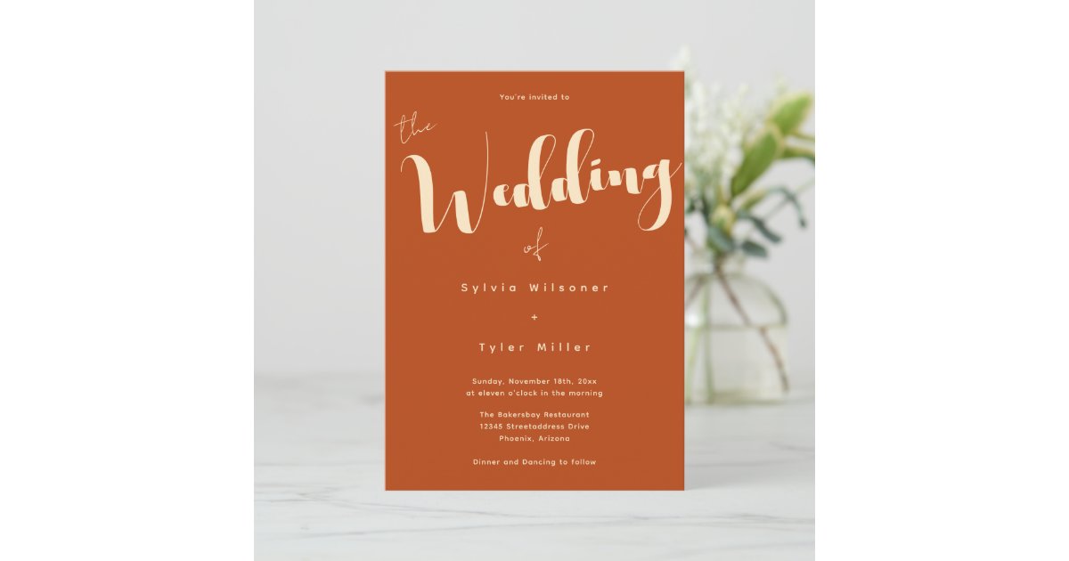 Stylized Typography Burnt Orange Wedding Invitation | Zazzle