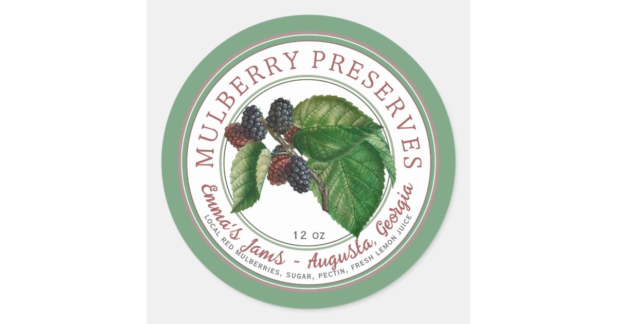 Stylized Watercolor Red Mulberry Jam or Preserves Classic Round Sticker ...