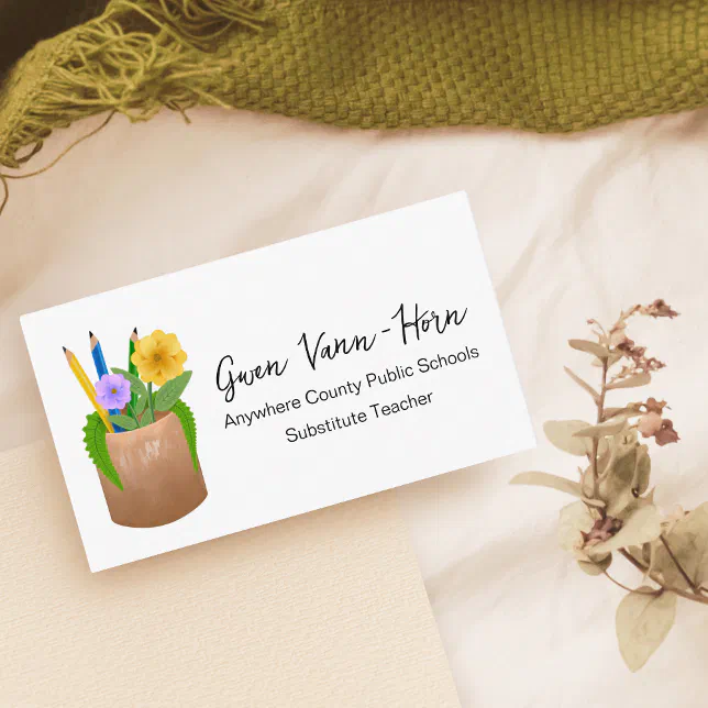 Substitute School Teacher Pencils Flowers Business Card | Zazzle