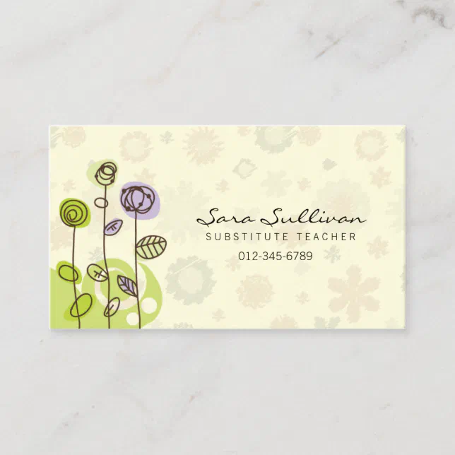Substitute Teacher Business Card Doodle Flowers | Zazzle
