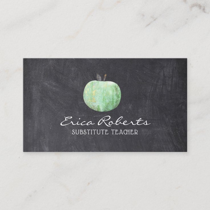 Substitute Teacher Green Apple Chalkboard Business Card | Zazzle