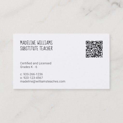 Substitute Teacher QR code Business Card | Zazzle