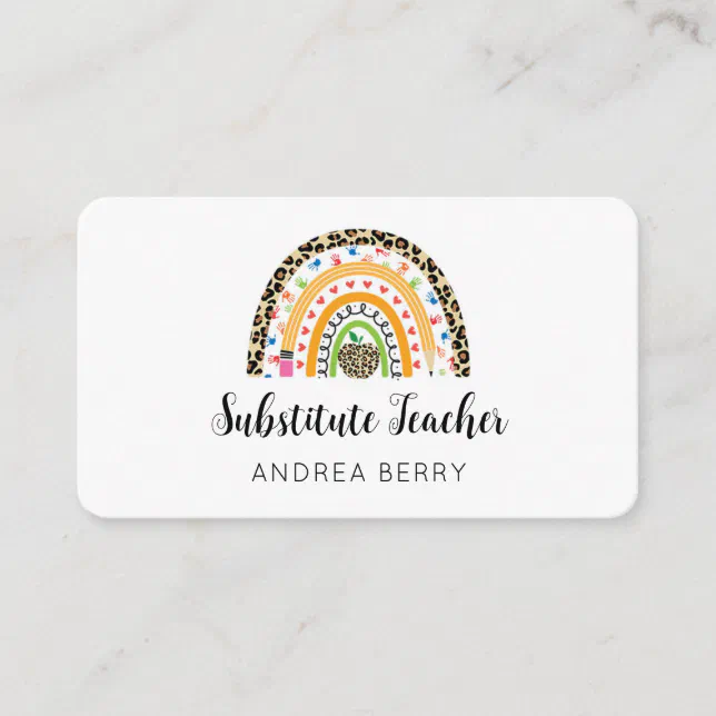 Substitute Teacher Rainbow Leopard Print Business Card | Zazzle