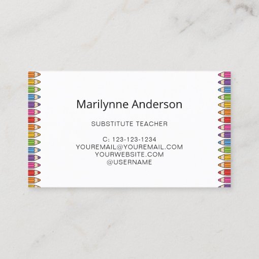 Substitute Teacher Rainbow Pencils Business Card | Zazzle