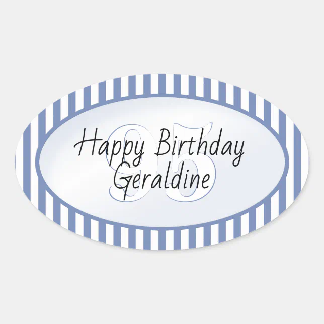 Subtle Age Blue and White Stripe Happy Birthday Oval Sticker | Zazzle