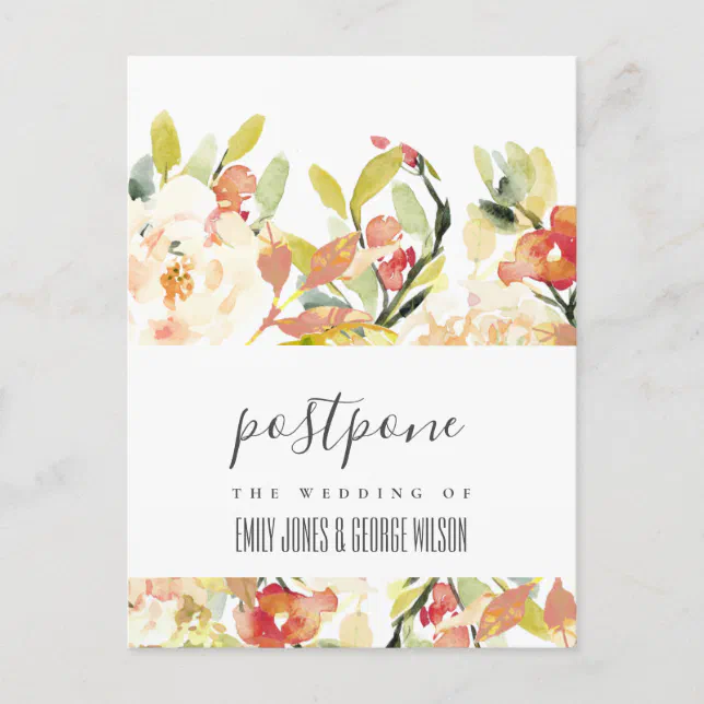 SUBTLE BLUSH PEACH PINK FLORAL WEDDING POSTPONE ANNOUNCEMENT POSTCARD ...