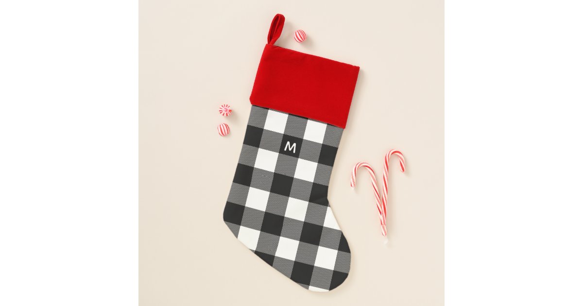 Subtle Monogram Black and White Buffalo Check Christmas Stocking | Zazzle