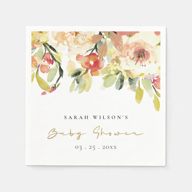 SUBTLE PEACH PINK WATERCOLOR FLORAL BABY SHOWER PAPER NAPKINS | Zazzle