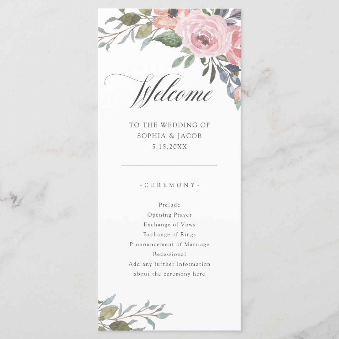 Subtle Watercolor Roses | Wedding Welcome Program | Zazzle