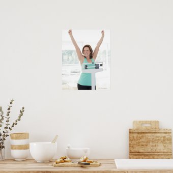 Successful weight loss. Happy woman weighing Poster | Zazzle
