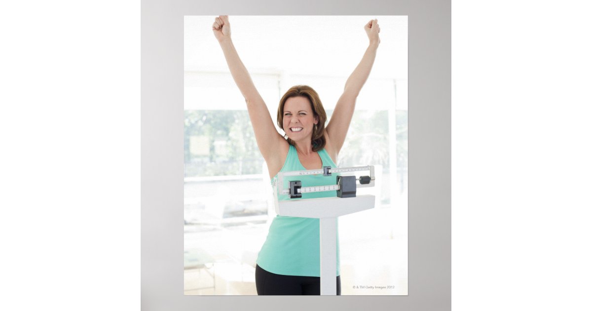 Successful weight loss. Happy woman weighing Poster | Zazzle