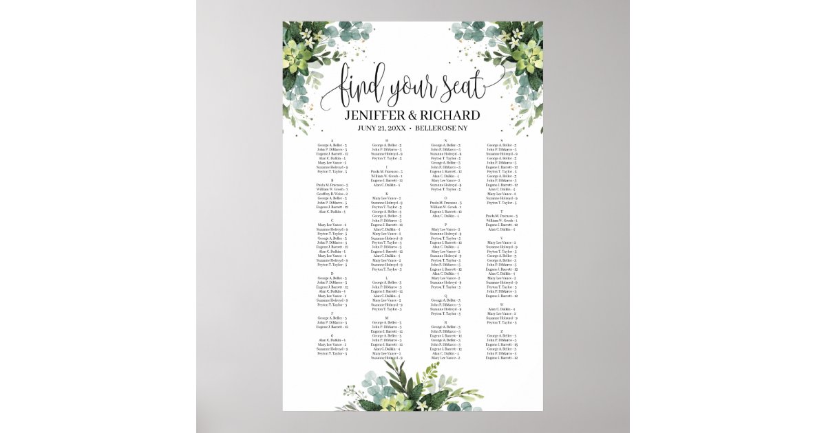 Succulent alphabetical greenery seating chart | Zazzle