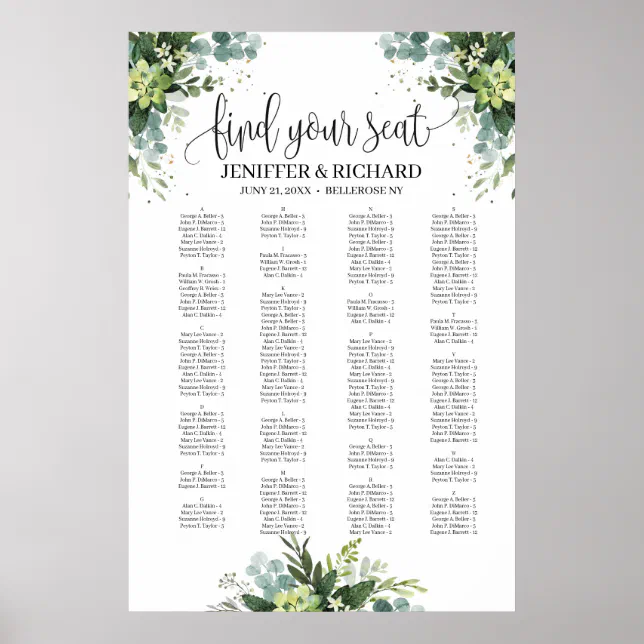 Succulent alphabetical greenery seating chart | Zazzle