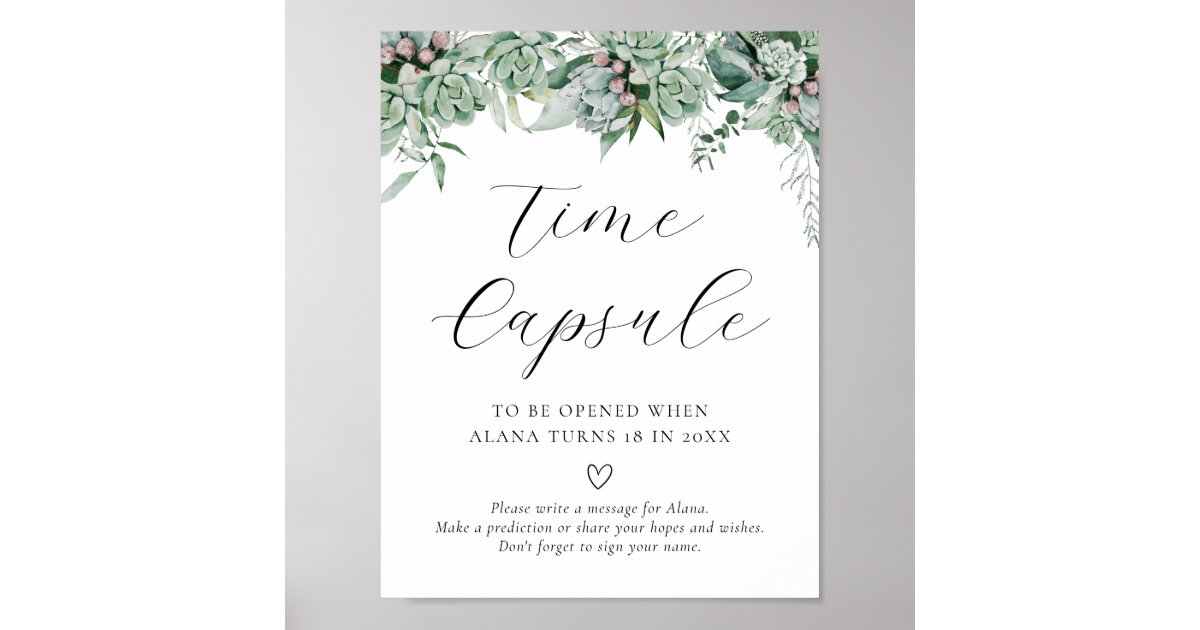 Succulent and Eucalyptus Greenery Time Capsule Poster | Zazzle