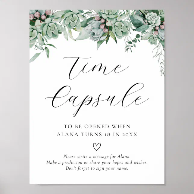 Succulent and Eucalyptus Greenery Time Capsule Poster | Zazzle