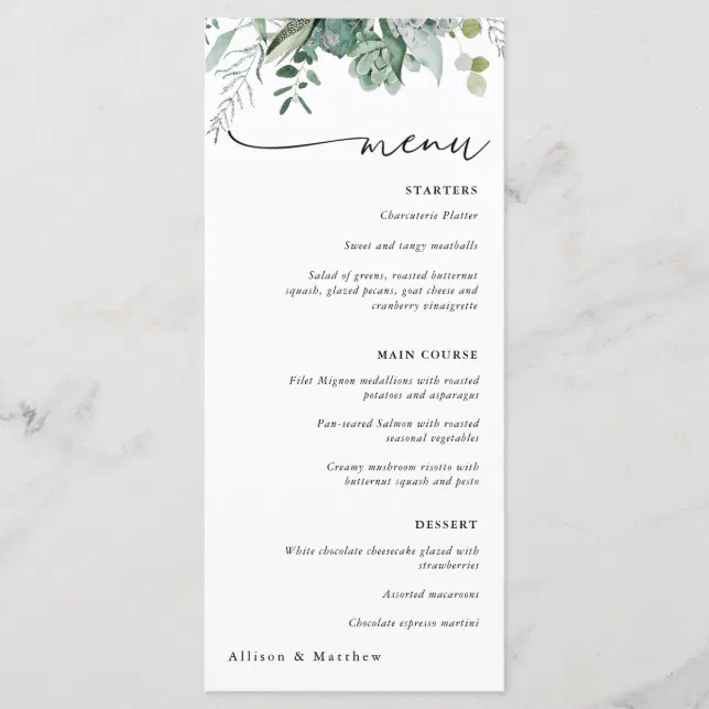 Succulent and Eucalyptus Greenery Wedding Menu | Zazzle