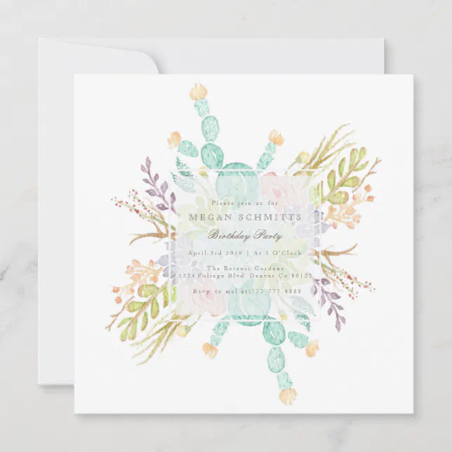Succulent Bouquet Watercolor | Birthday Party Invitation | Zazzle