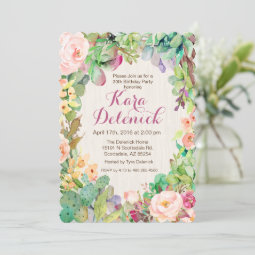 Succulent Floral Cactus Birthday Party Invitation | Zazzle