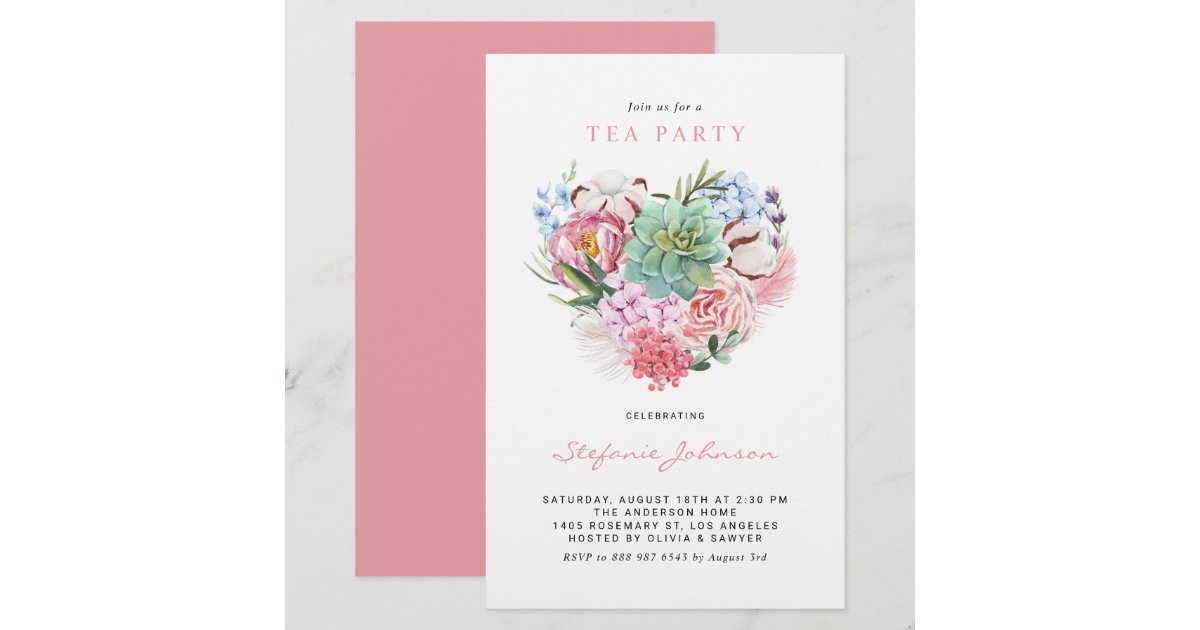 Succulent Floral Heart Tea Party Invitation | Zazzle